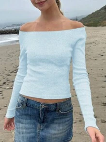 SHEIN EZwear Women Off Shoulder Long Sleeve Casual Top, Simple ...