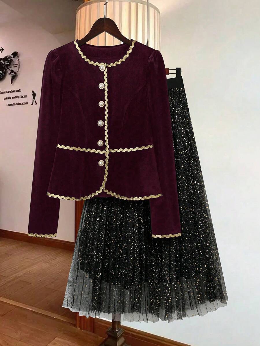 SHEIN Clasi 2 pezzi/set Giacca corta in velluto di stile vintage di ...