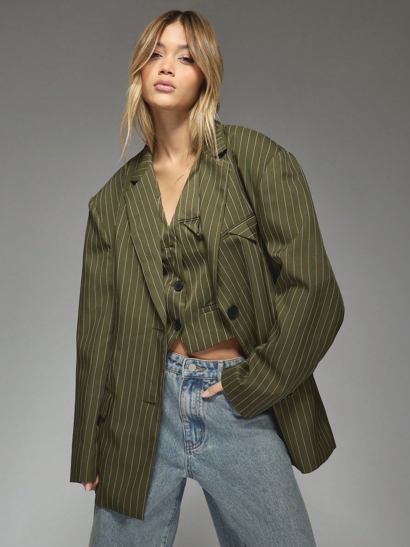 MISSGUIDED Pinstripe Structured Double Breasted Blazer｜MISSGUIDED