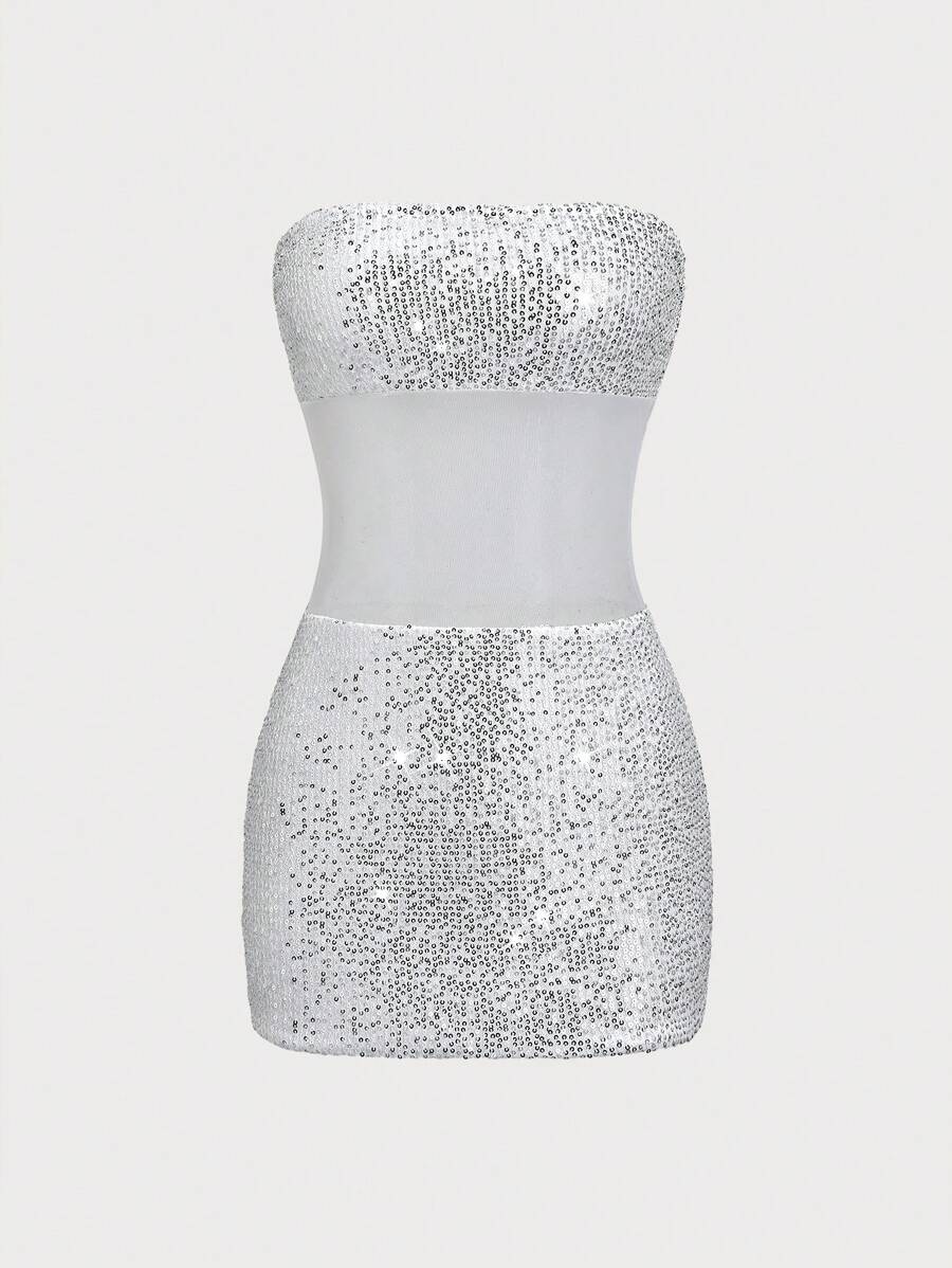 EgrlEra Sexy Sequin Sheer Panel Bodycon Mini Dress For Club Party ...