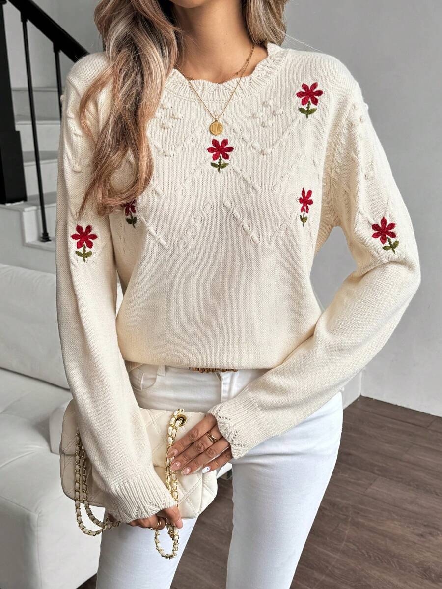 SHEIN LUNE Pull ample en tricot casual élégant avec broderie florale ...