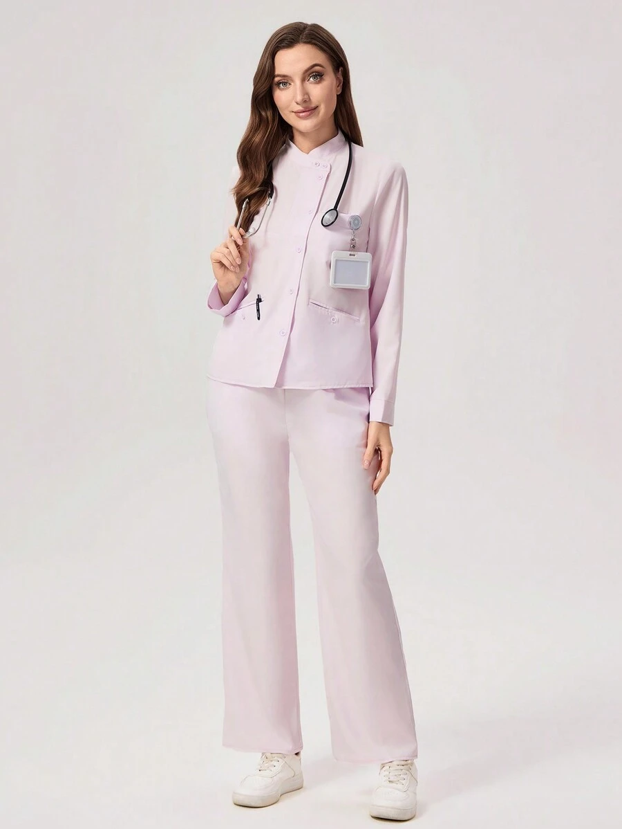 TaskEZ Solid Color Long Sleeve Scrubs Set Scrub Uniforms,Candy Pink ...