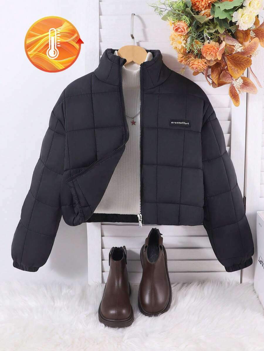 Tween Girl Retro American Preppy Style Cropped Cotton Puffer Jacket ...