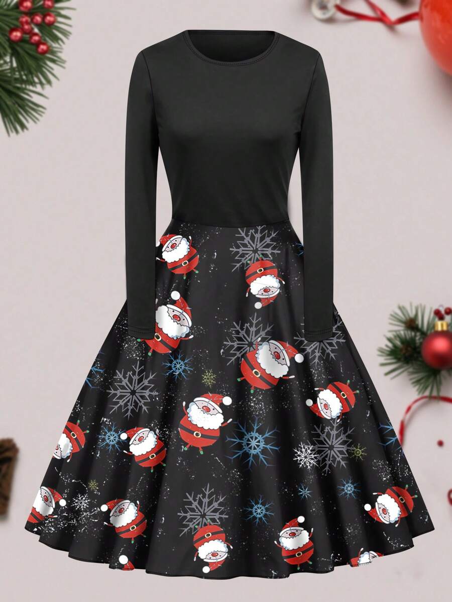 SHEIN Clasi Plus Size Christmas Santa Claus & Snowflake Print Dress ...
