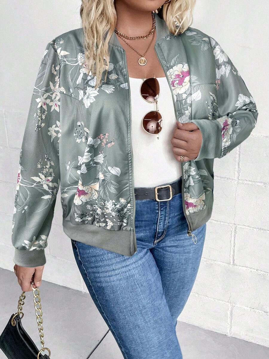 SHEIN LUNE Plus Size Floral Print Baseball Collar Jacket, Casual Autumn ...