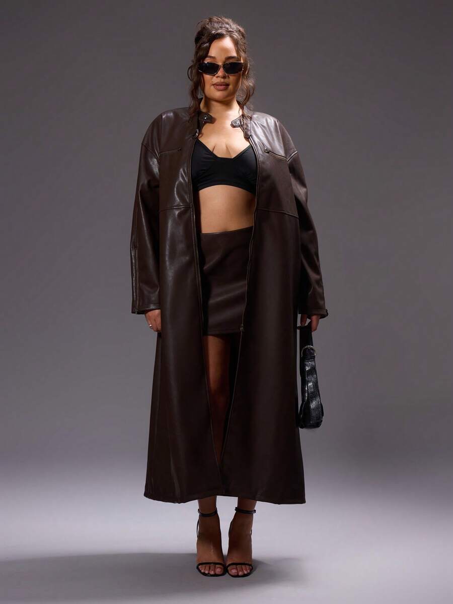 MUSERA פלוס סייז מעיל מקסי עם רוכסן דמוי עור בלבד | SHEIN IL