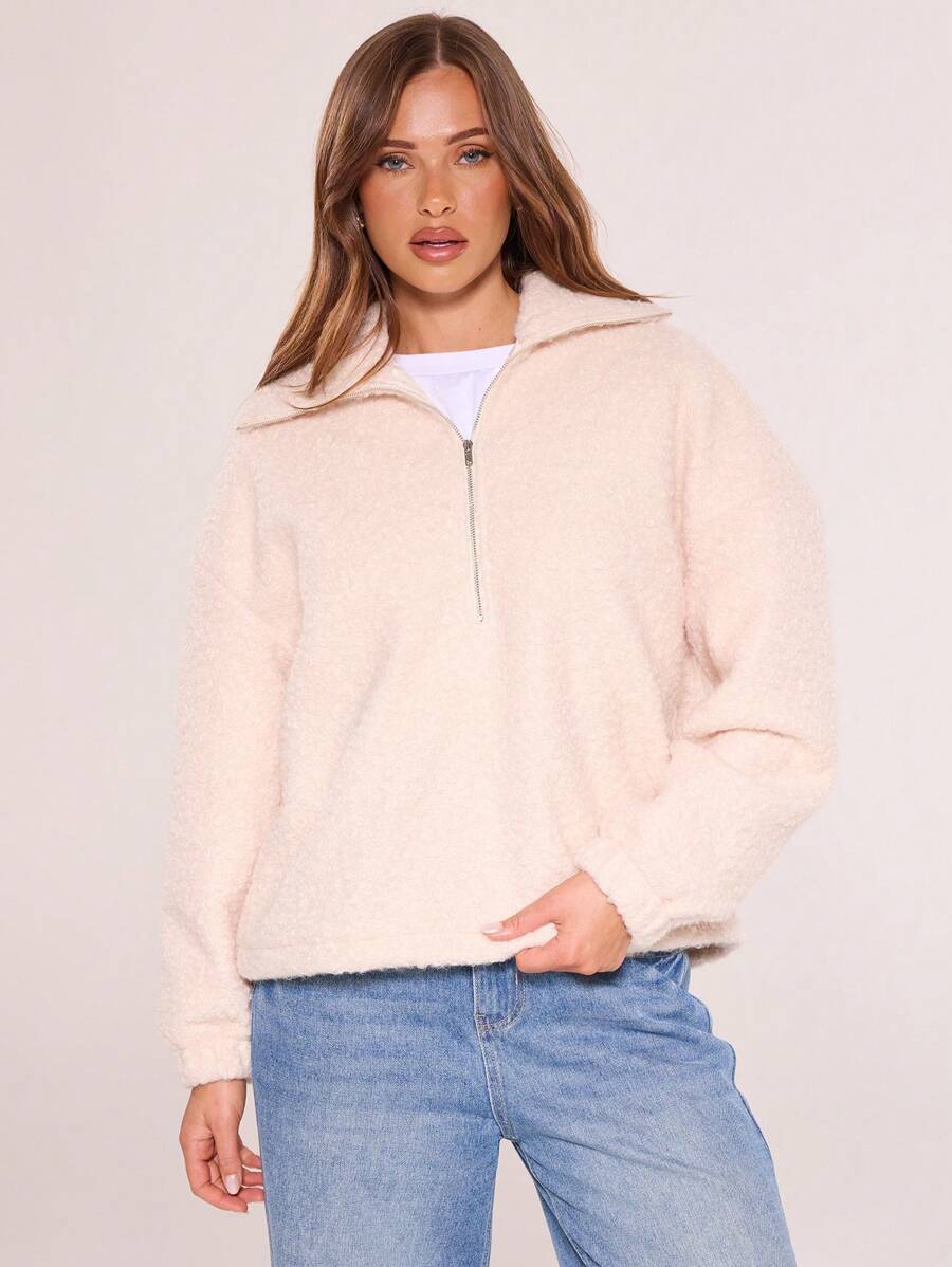 MUSERA Curly Borg Half Zip Collar Jacket | SHEIN USA