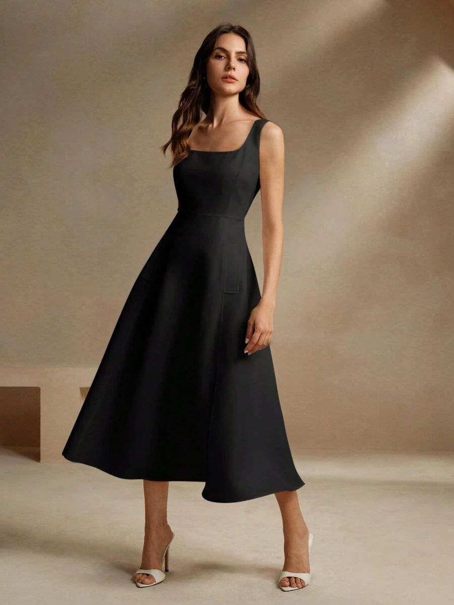 Anewsta French Style Black Square Neck Strap A-Line Cinched Waist Flattering Dress Maxi Women ...