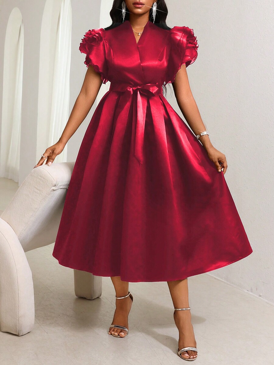 SHEIN Lady Women's Black Romantic Elegant V-Neck Ruffle Sleeve Midi Dress | SHEIN