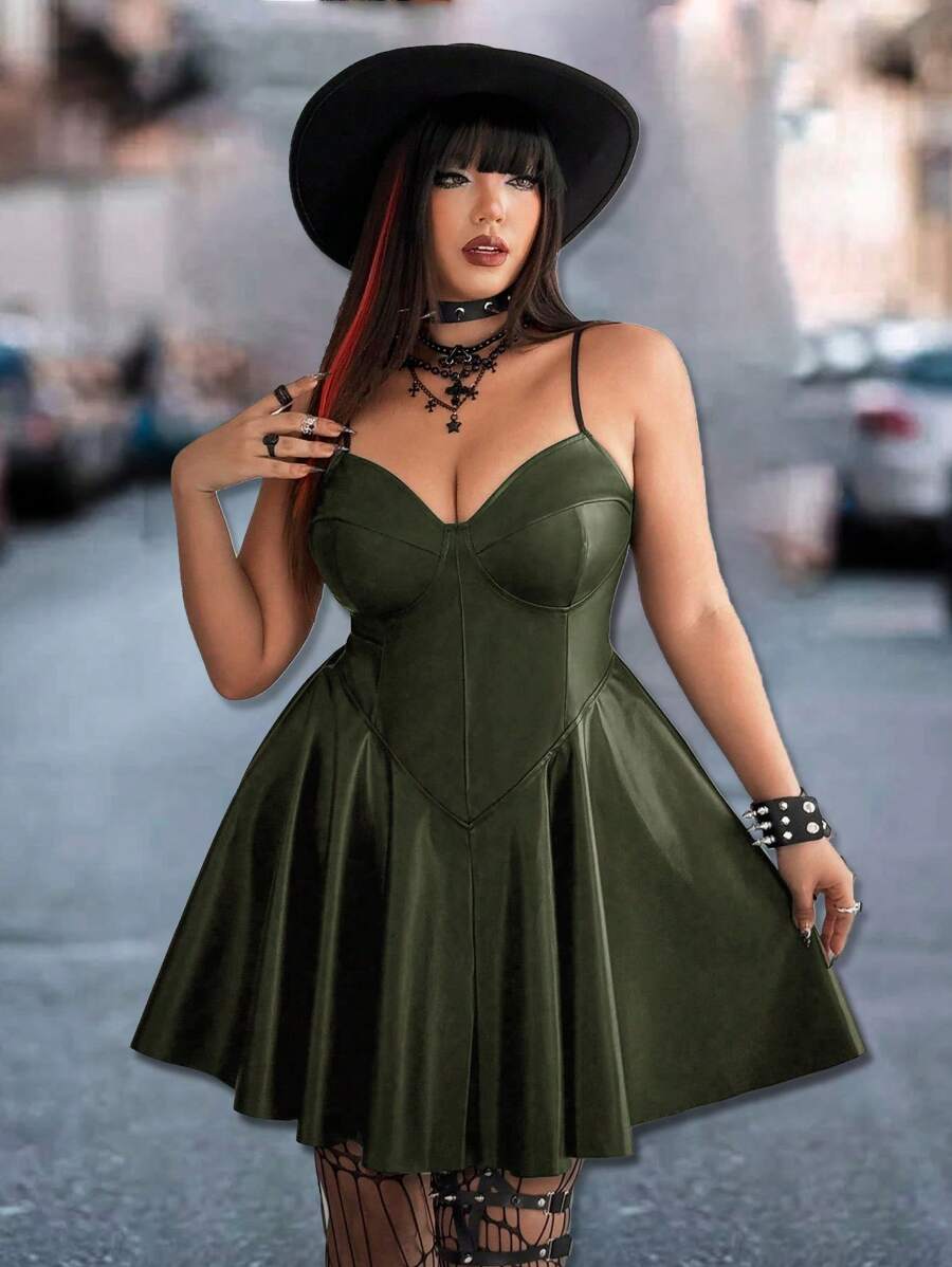 SHEIN MOOSTA Plus Size Women Gothic Style Shirred Back A-Line PU ...