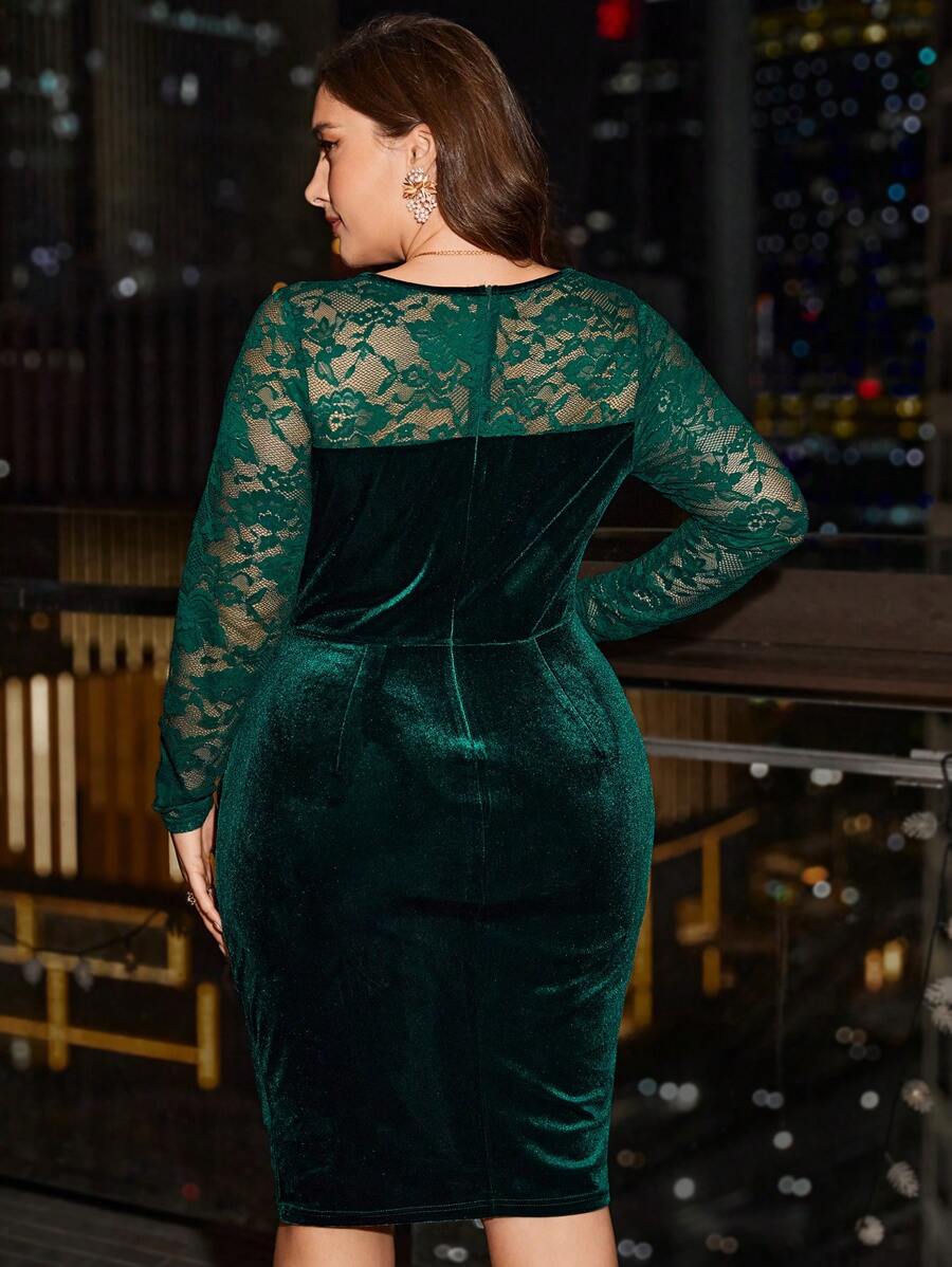 SHEIN Clasi Plus Size Carnival Party Dress, Velvet & Contrast Lace Fitted Autumn Formal Gown For ...