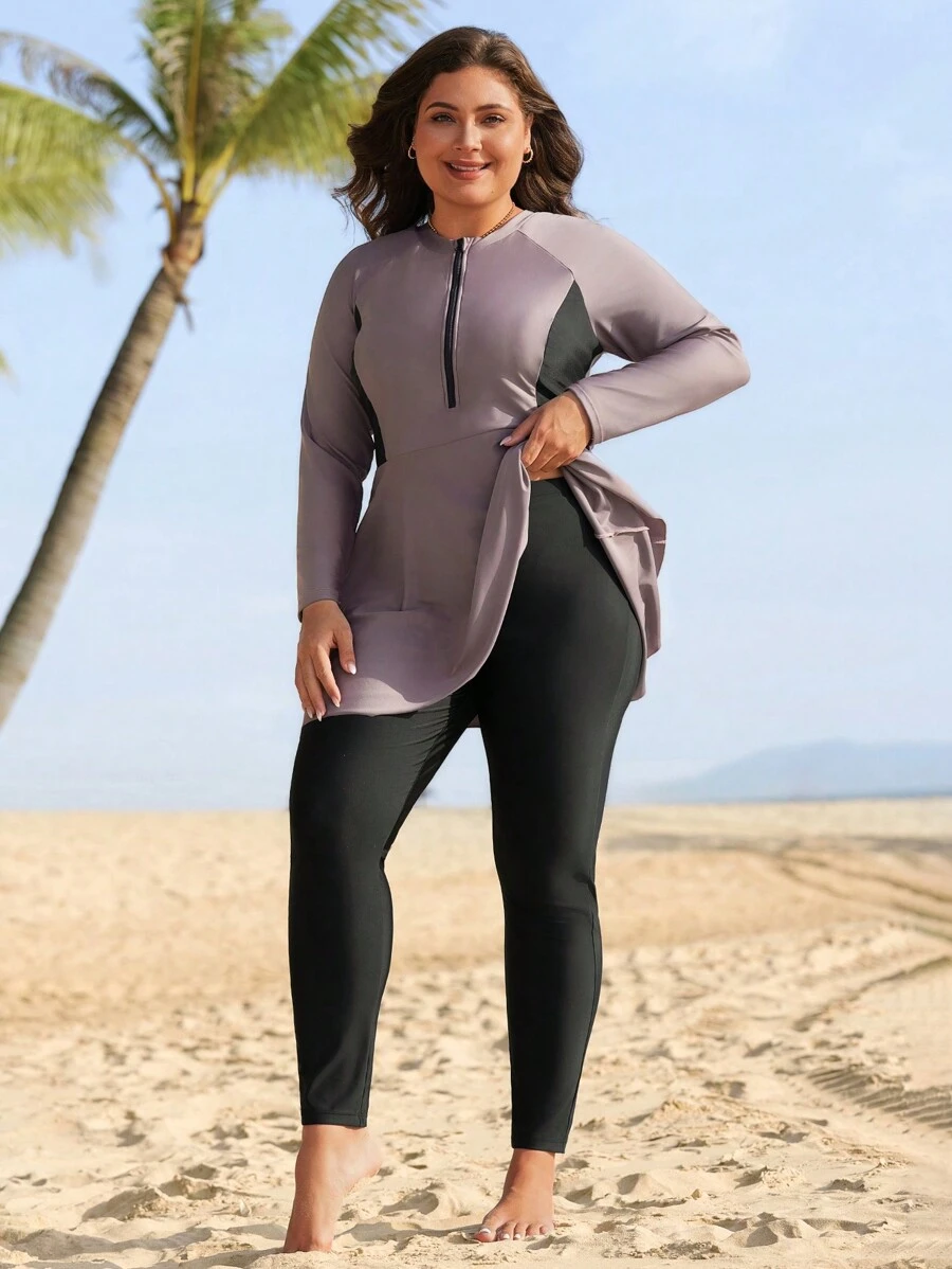 Swim Mulvari Plus Size Long Sleeve Two-Piece Tankini Swimsuit Set ...