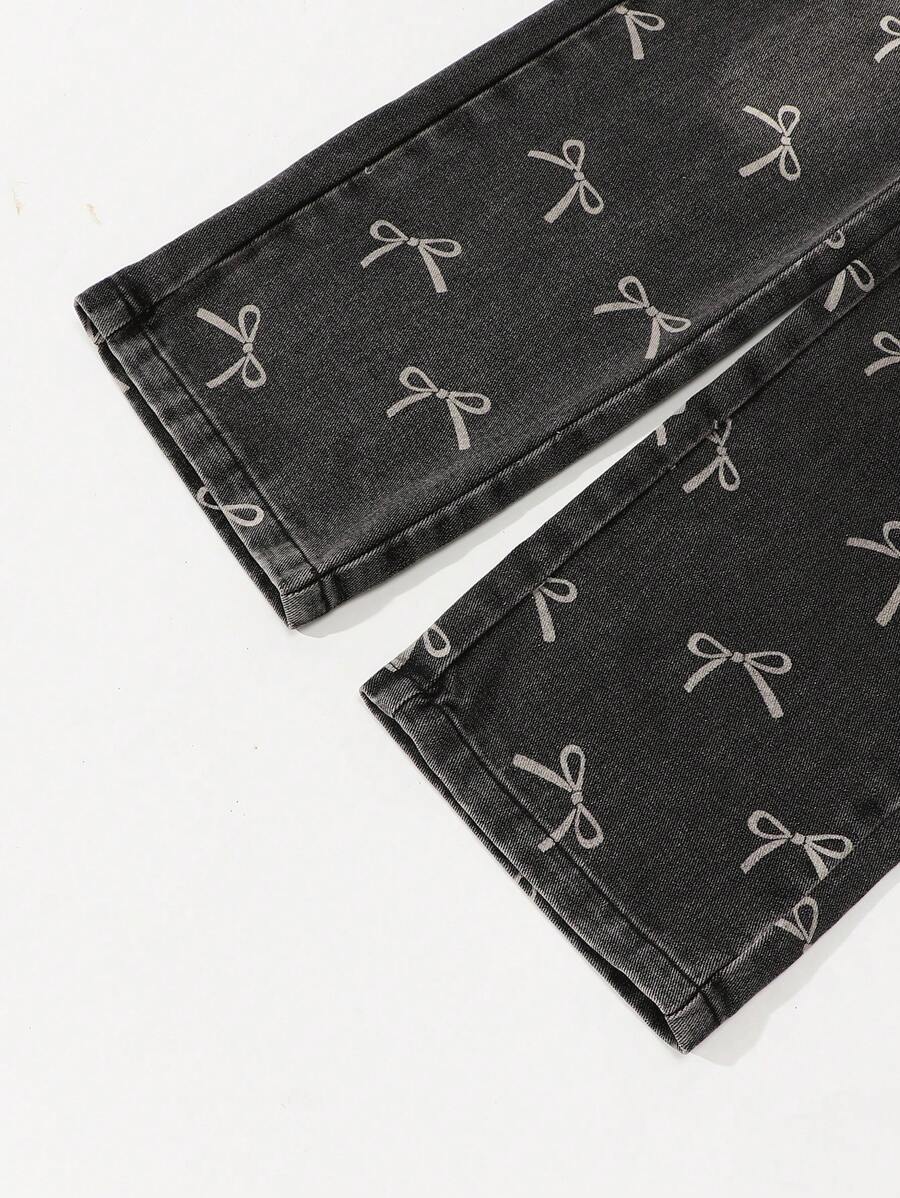 SHEIN Y2K Style Girls Casual Comfy Bow Print Washed Denim Pants ...
