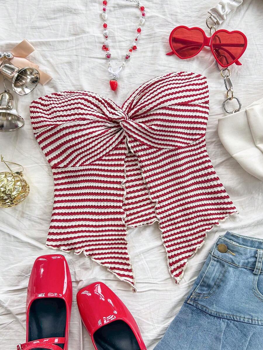 Soleia Red And White Striped Bandeau Front Split Chiffon Comfortable ...