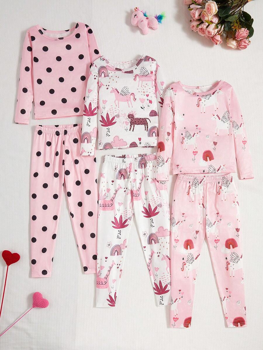 SHEIN Young Girls Pajamas 2-Piece Set, Unicorn Printed Tight-Fitting ...