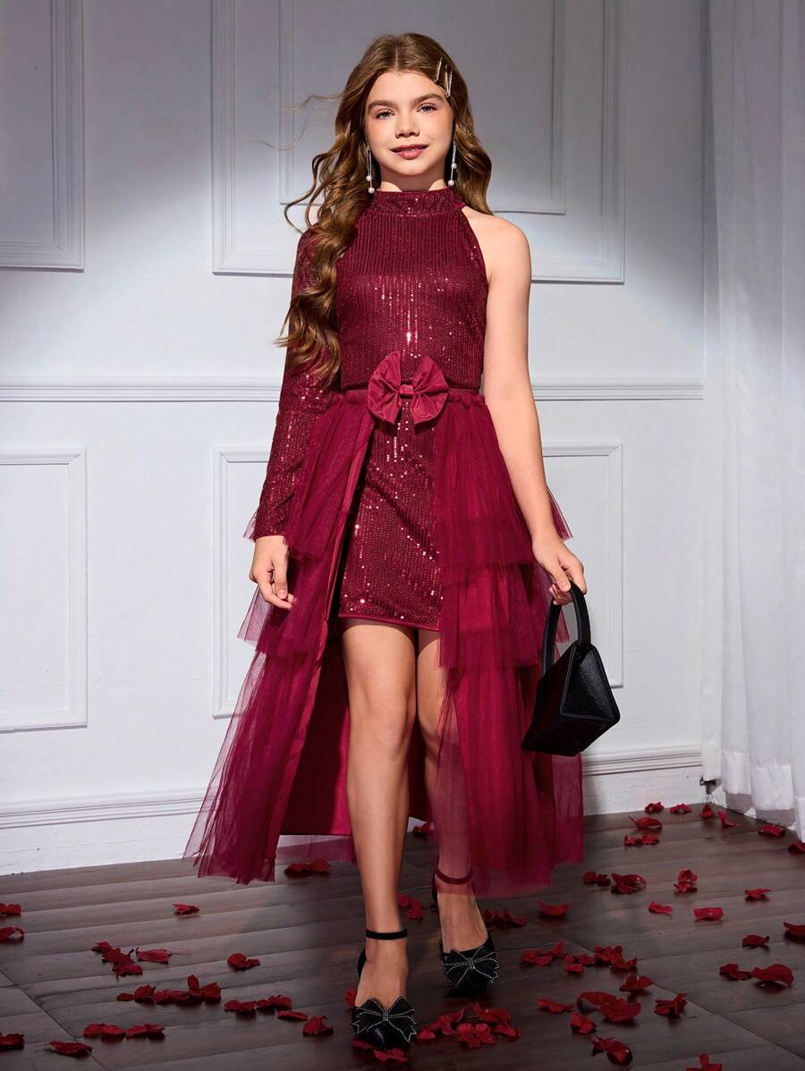 Tween Girl Glittering Tight-Fitting Princess Tulle Detachable Train ...