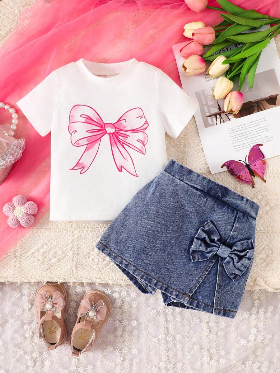 2pcs/Set Baby Girls Fashion Cute Style Pink Bow & Butterfly Print Denim ...