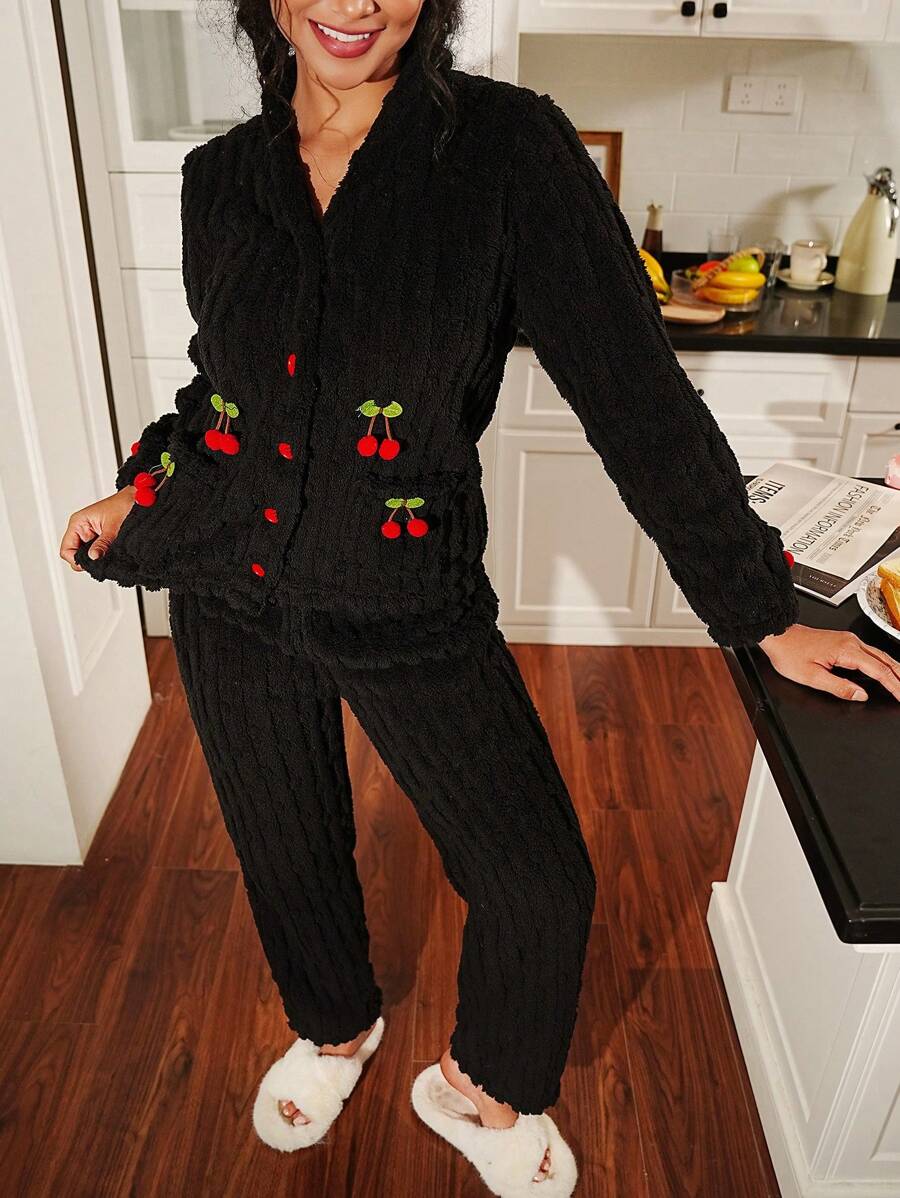 SHEIN SweetSlumber Women Cherry Blossom Embroidered Fleece Pajama Set ...