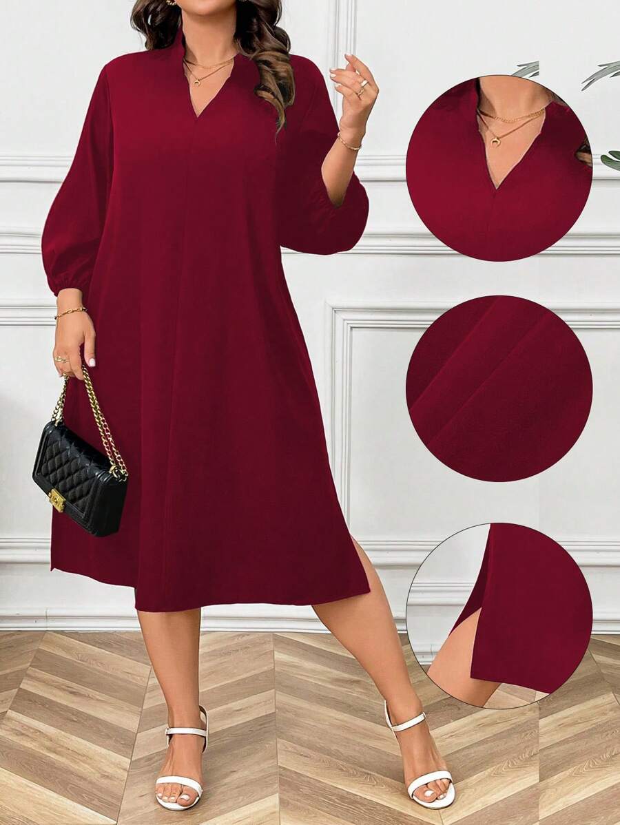 SHEIN Relaxiva Plus Size Women Solid Color Notched Neck Elegant Lantern ...