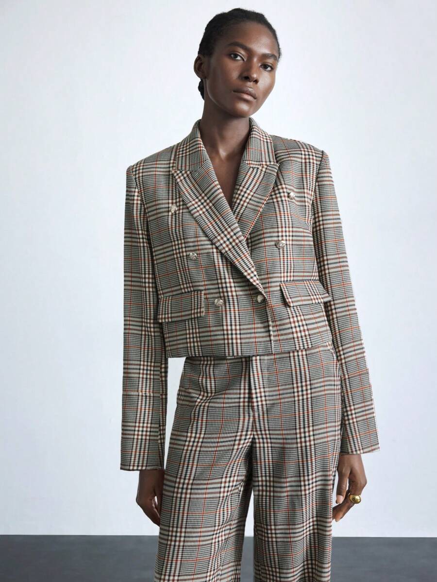 Maija Women's Early Spring Check Pattern Notched Lapel Double Breasted Casual Work Blazer ...