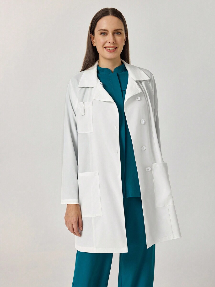 SHEIN TaskFit Simple Large Pocket Front Button Lab Coat, White , Nurse ...