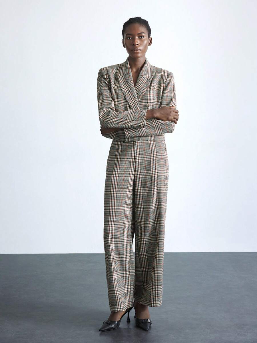 Maija Women's Early Spring Check Pattern Notched Lapel Double Breasted Casual Work Blazer ...