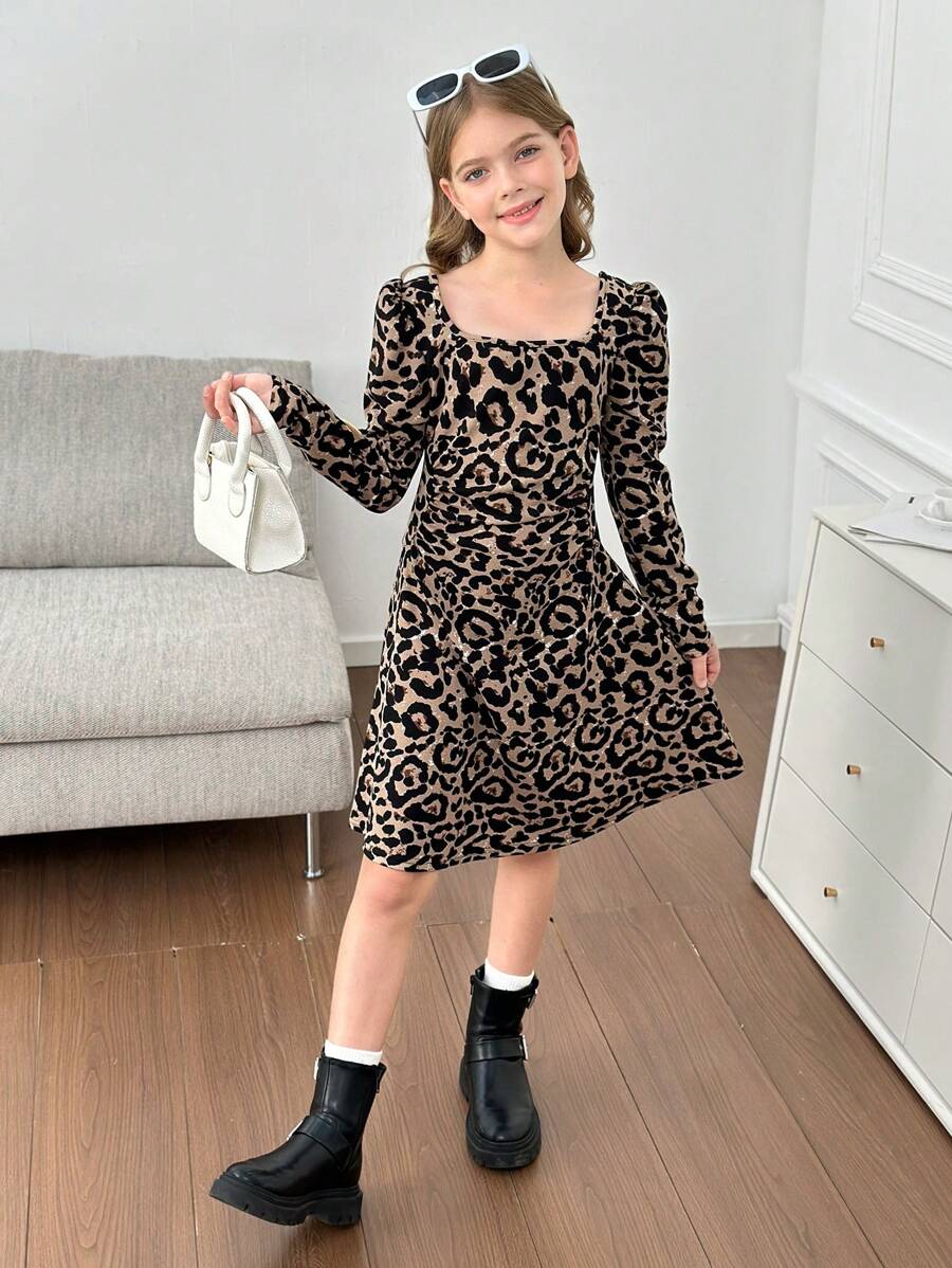 SHEIN Tween Girls Casual Chic Leopard Print Square Neck Lantern Long ...