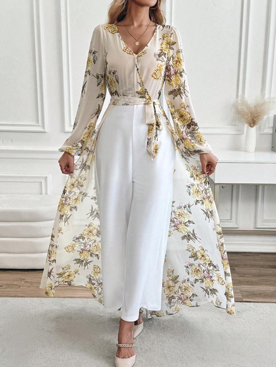 SHEIN Clasi Women's Elegant Floral Print Color Block Lantern Sleeve ...