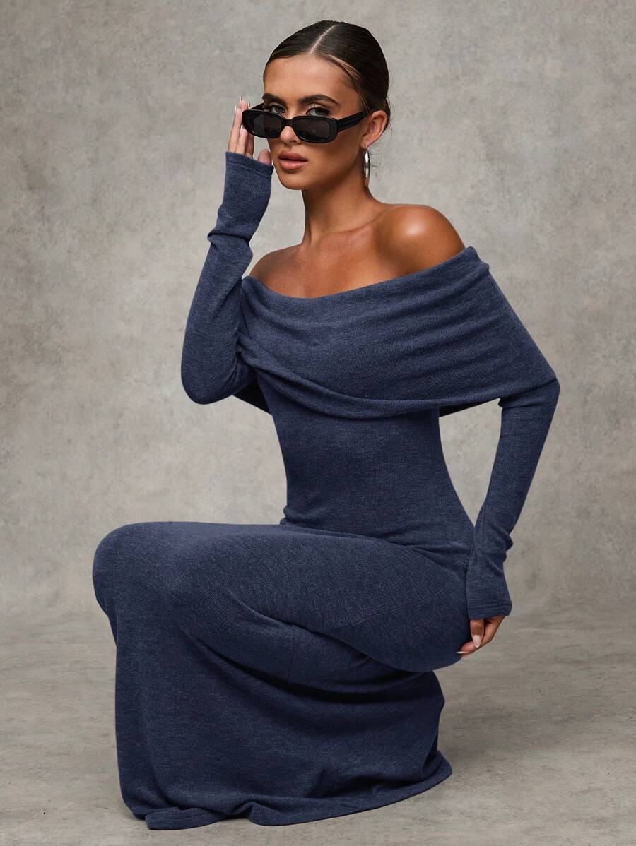 SHEIN BAE Women Elegant Grey Off-Shoulder Fitted Long Fall Dress ...