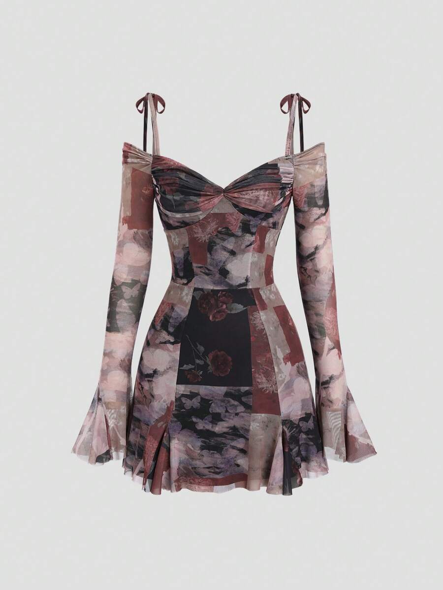 Sweetra Damen Retro bedrucktes langes Flügelärmel Off-Shoulder sexy A ...