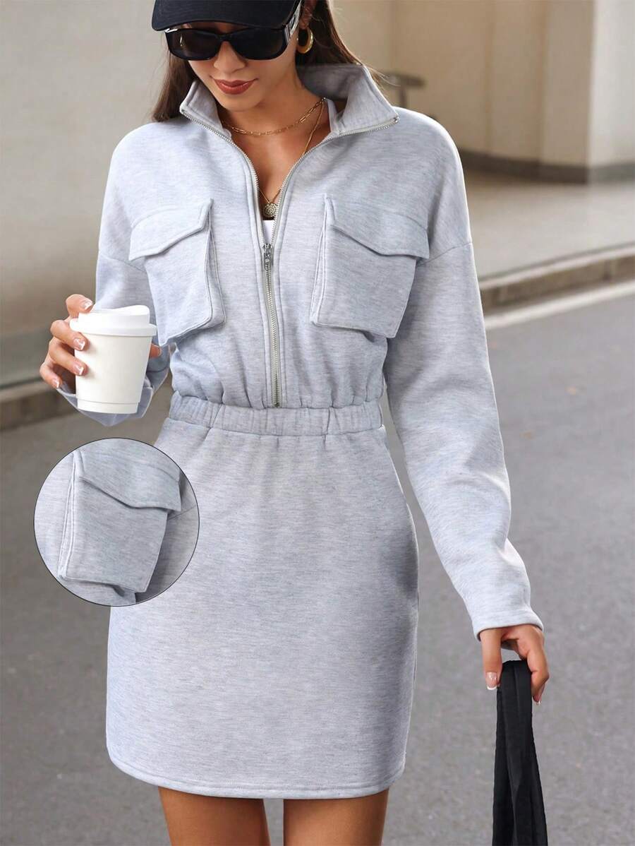 Hanevo Women Casual Zip Up Short Dress With Elastic Waistband Sportwear ...