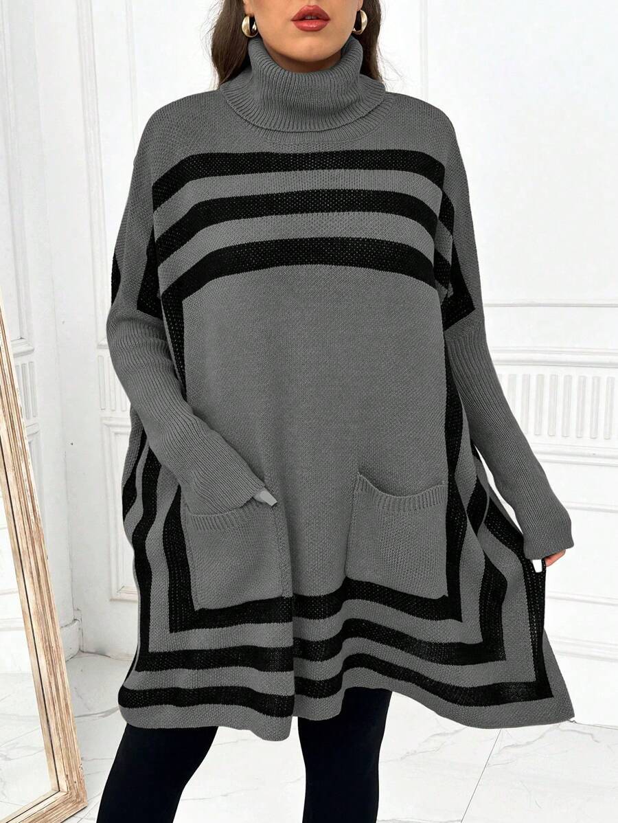 SHEIN LUNE Plus Size Women High Neck Striped Batwing Sleeve Pocket ...