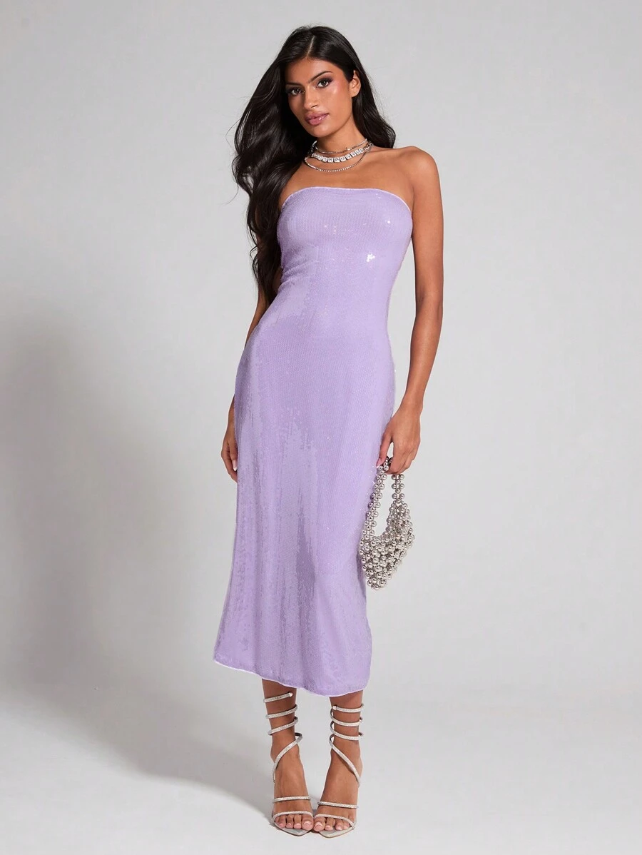 COSMINA Women Solid Color Sparkling Sequin Glamorous Bandeau Midi Dress ...