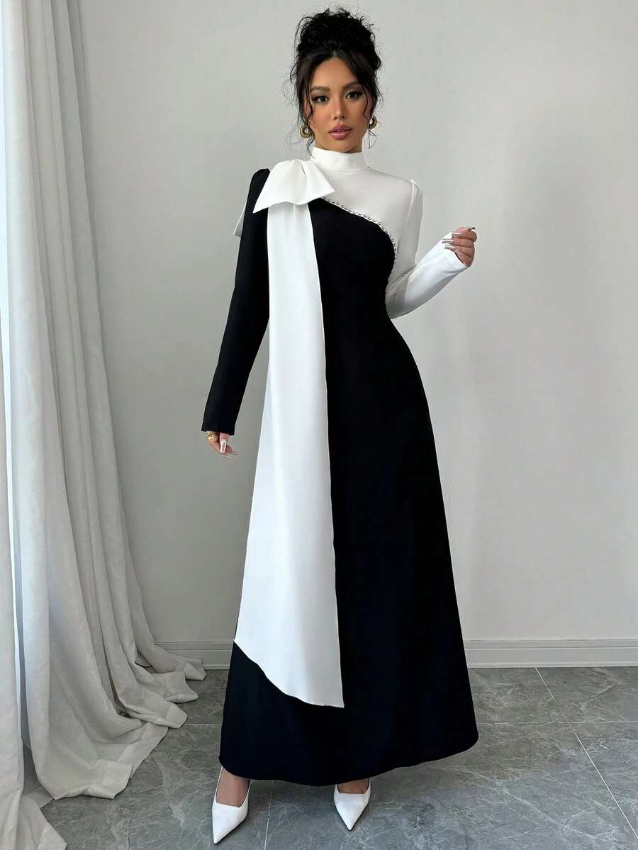 Modelyn Black & White Color Block Studded Extra Long Dress For Women ...