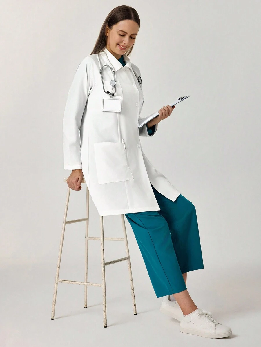 SHEIN TaskFit Simple Large Pocket Front Button Lab Coat, White , Nurse ...