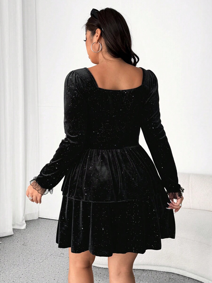 SHEIN Frenchy Robe à manches longues noire ornée de sequins pour femmes grandes tailles, avec ...