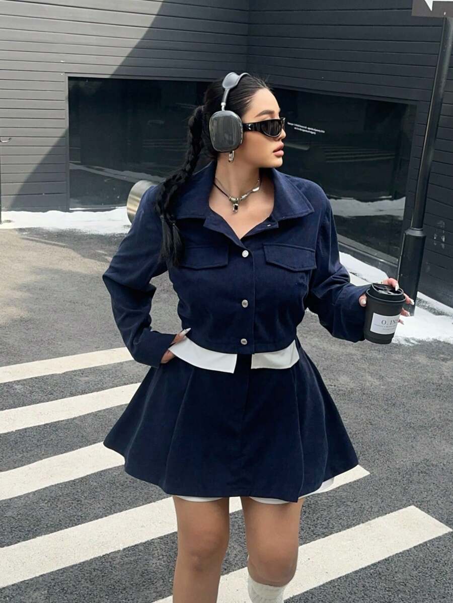 Shein Ezwear Plus Size Sexy Crop Jacket And High Waist Mini Skirt
