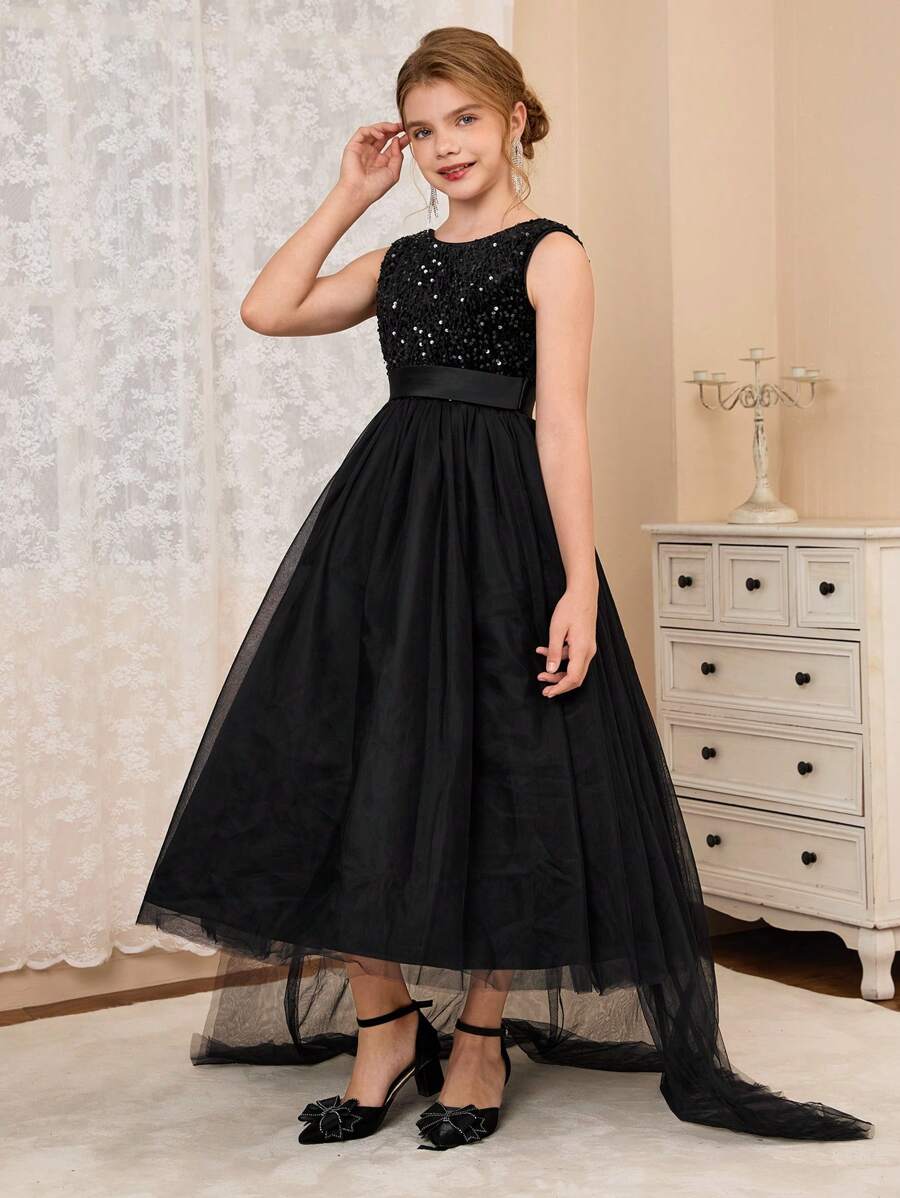 Tween Girl Wedding Formal Dress With Train, Girls Princess Tulle Gown ...