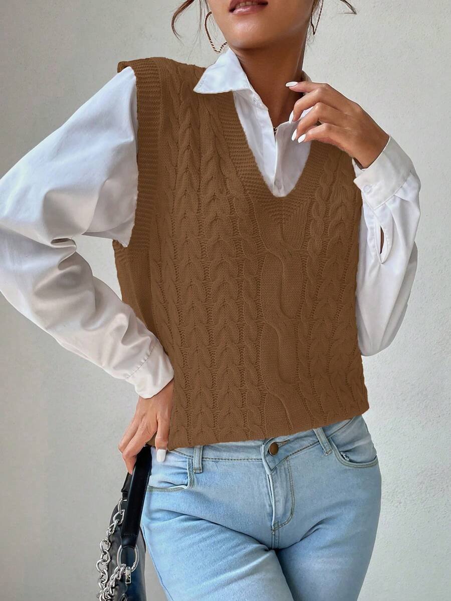 Calvaya V Neck Cable Knit Sweater Vest | SHEIN USA