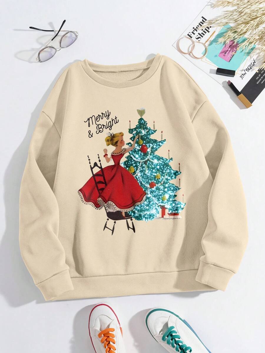 SHEIN LUNE Christmas Gift Christmas Theme Print Crew Neck Long Sleeve ...