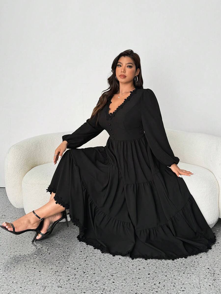 SHEIN Frenchy Elegant French Vintage Lace Trim V-Neck High-End Waist ...