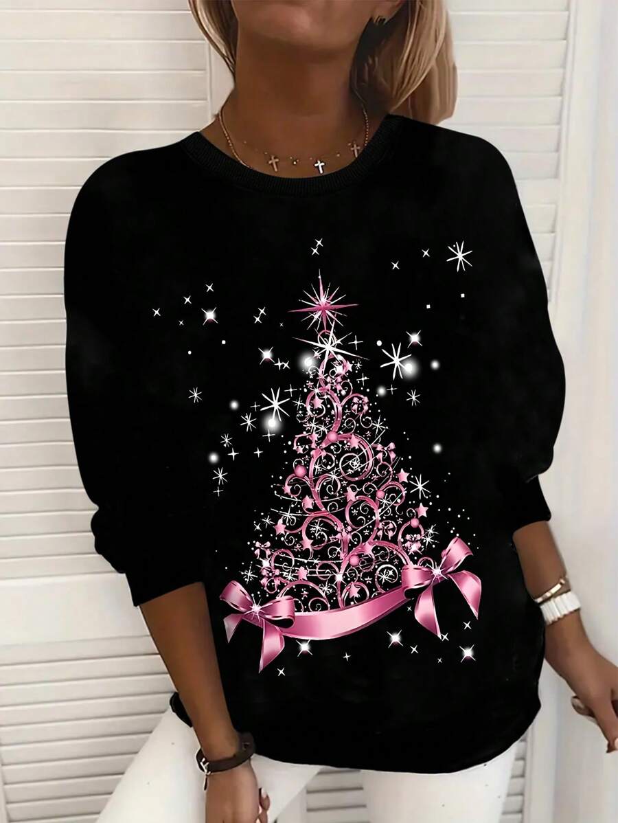 SHEIN CURVE+ Plus Size Women Christmas Tree Print Round Neck Long ...