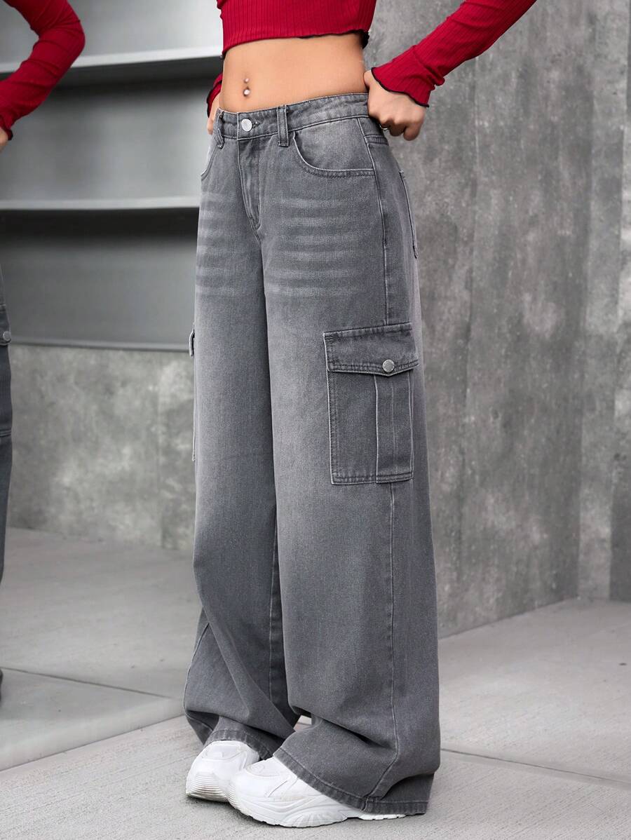 SHEIN Pantalon cargo gris en jean large à taille basse pour ...