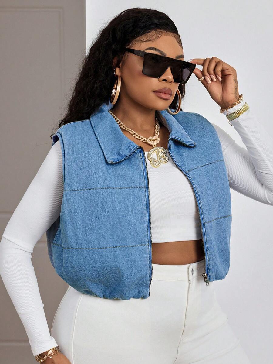 SHEIN EZwear Plus Size Denim Vest With Thermal Lined, Thick And Warm ...