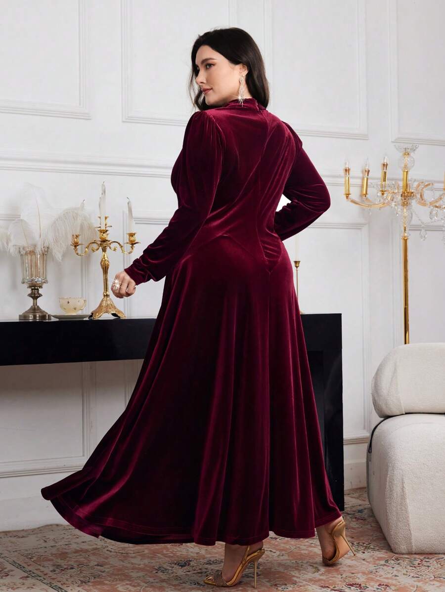 SHEIN Modely Plus Size Elegant Burgundy Keyhole Neckline Long Sleeve Dress Long Evening Dresses ...