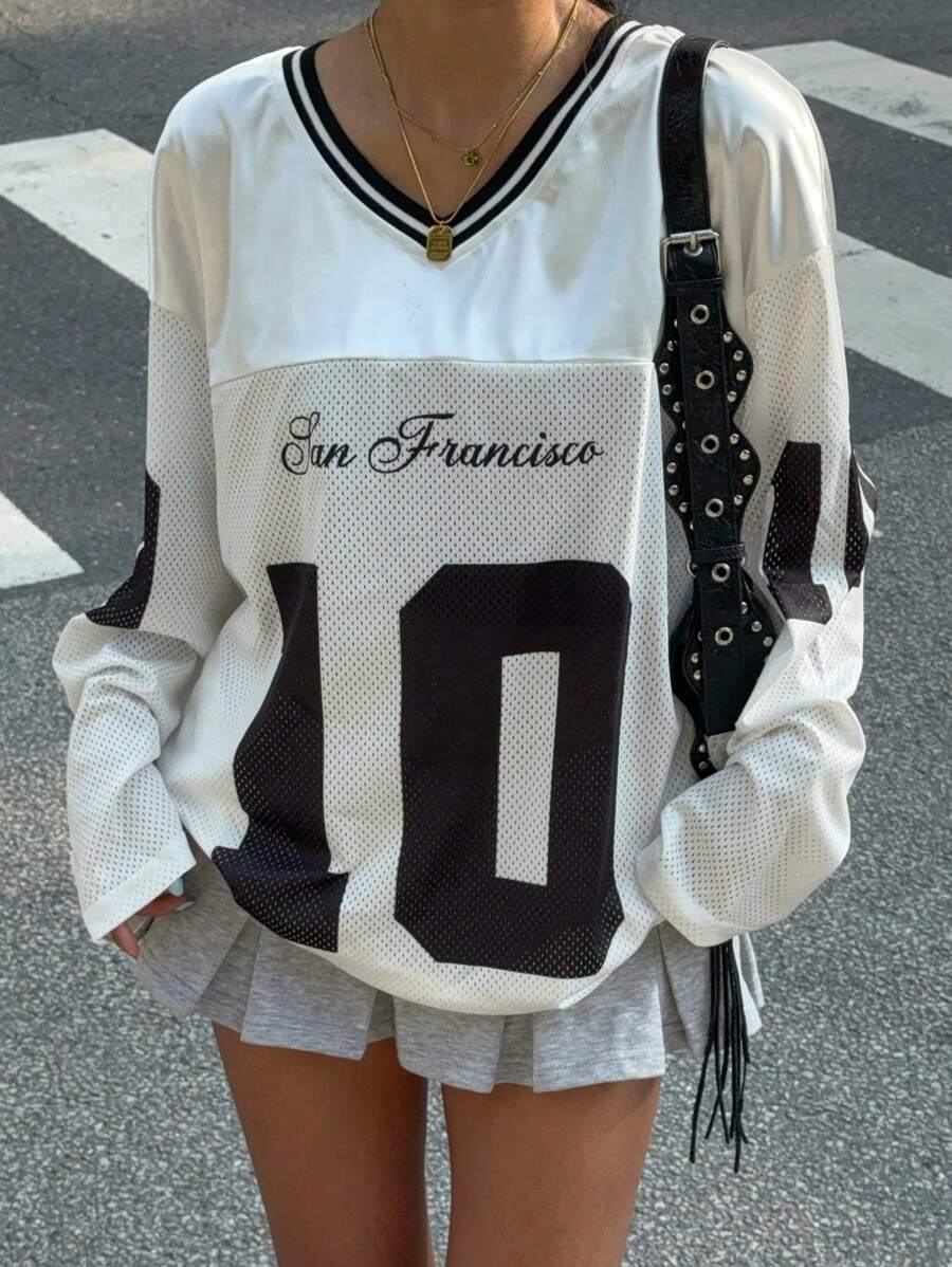 SHEIN EZwear Plus Size Women Number Print Long Sleeve Soccer T-Shirt ...