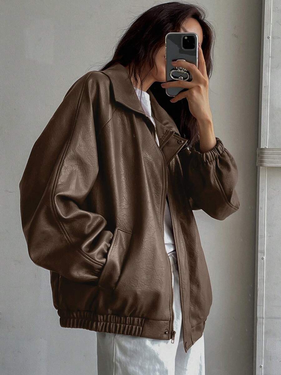 DAZY Women Casual Raglan Sleeve Zip Front PU Jacket With Pockets,Fall ...