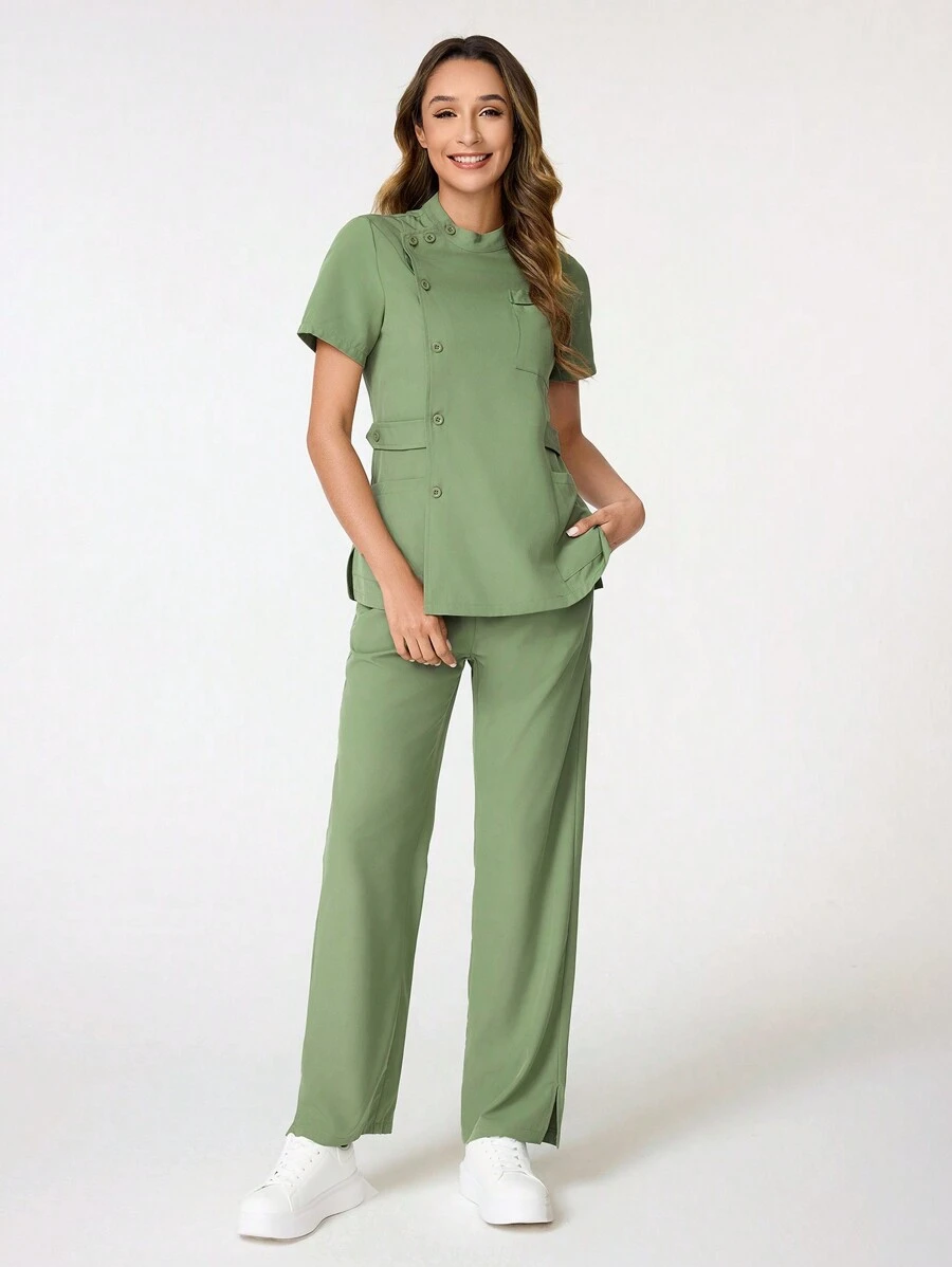 SHEIN TaskFit Minimalist Stand Collar Button Front Shirt And Pants ...