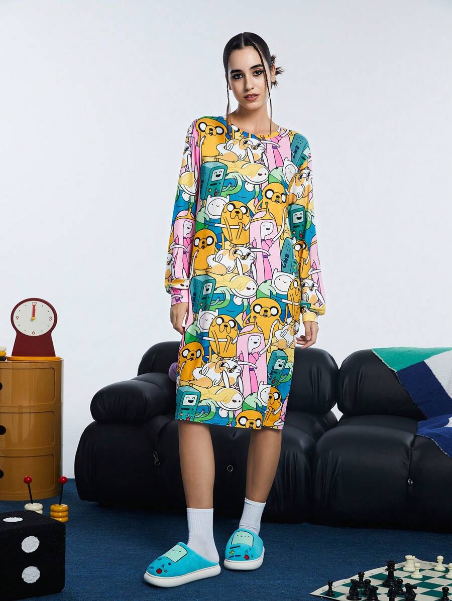 ADVENTURE TIME X SHEIN Women Full Print Drop Shoulder Loose Nightgown ...