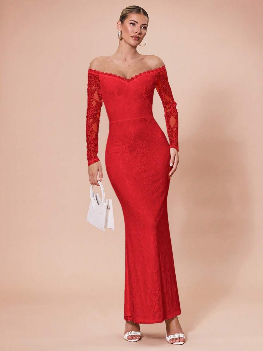 SHEIN BAE Women's Solid Lace Off Shoulder Fitted Fishtail Cocktail ...